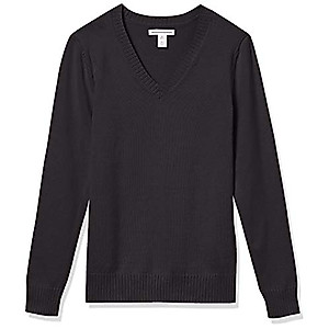 Amazon Essentials Women's 100% Cotton Long-Sleeve V-Neck Sweater, Black, Large