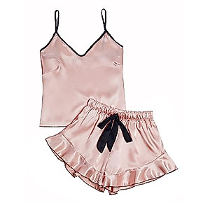LYANER Women's Satin Silk 2pcs Set Pajamas V Neck Cami Top With Self Tie Shorts Pj Sst Sleepwear Dusty Pink Medium