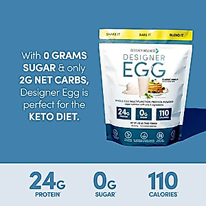 Designer Wellness, Designer Egg, Natural Egg Yolk & Egg White Protein Powder, Keto and Paleo Friendly, Low Calorie, Less Fat and Cholesterol, Classic Vanilla, 1.55 Pound