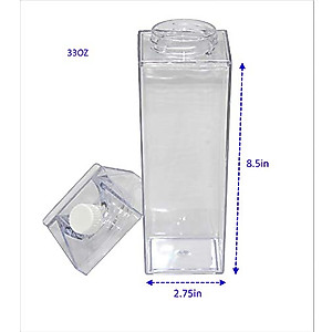 Big 33 ounce 1L Milk carton water bottle 1000ml Clear Square plastic acrylic reusable jug bulk container box travel outdoor crystal sports cup juice fridge gym (Clear, 33 OZ)