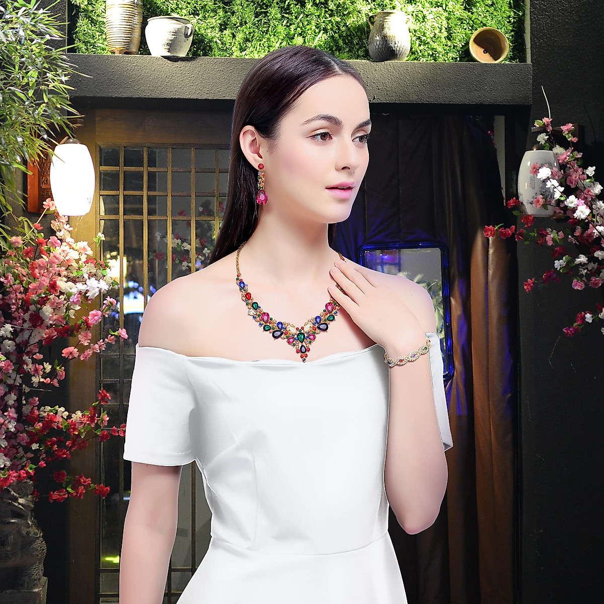 3 Pieces Women Jewelry Set Rhinestone Crystal Bride Statement Necklace Link Bangle Bracelet Teardrop Dangle Earrings Set for Women