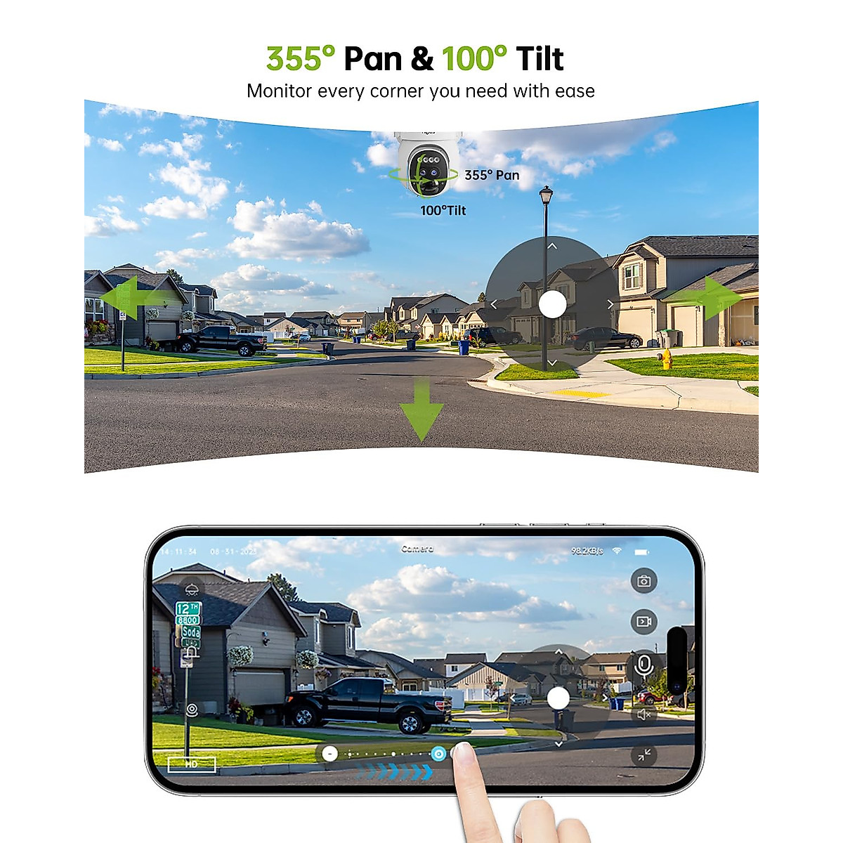 [ 10X Zoom ] TIEJUS Dual Lens Security Cameras Wireless Outdoor, 360° PTZ Solar Cameras for Home Security Outside, 2K Color Night Vision, Motion Alarm