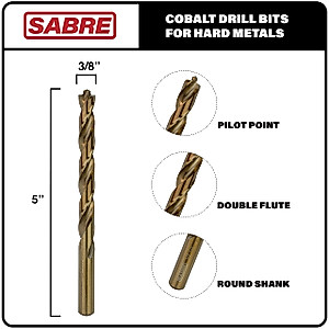 Sabre Tools 3/8 Inch Cobalt Drill Bits – 5pcs Drill Bits for Metal, M35 Cobalt Metal Drill Bit Set, Pilot Point Cobalt Drill Bits – Heavy-Duty Drill Bits for Steel, Hard Metal, Cast Iron (3/8" x 5")