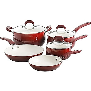 Oster Corbett Forged Aluminum Cookware Set with Ceramic Non-Stick-Induction Base-Soft Touch Bakelite Handle and Tempered Glass Lids, 8-Piece, Gradient Red
