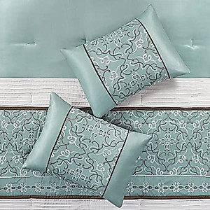 Madison Park Essentials Jelena Room in A Bag Faux Silk Comforter Classic Luxe All Season Down Alternative Bedding, Matching Bedskirt, Curtains, Decorative Pillows, Queen(90"x90"), Seafoam 24 Piece