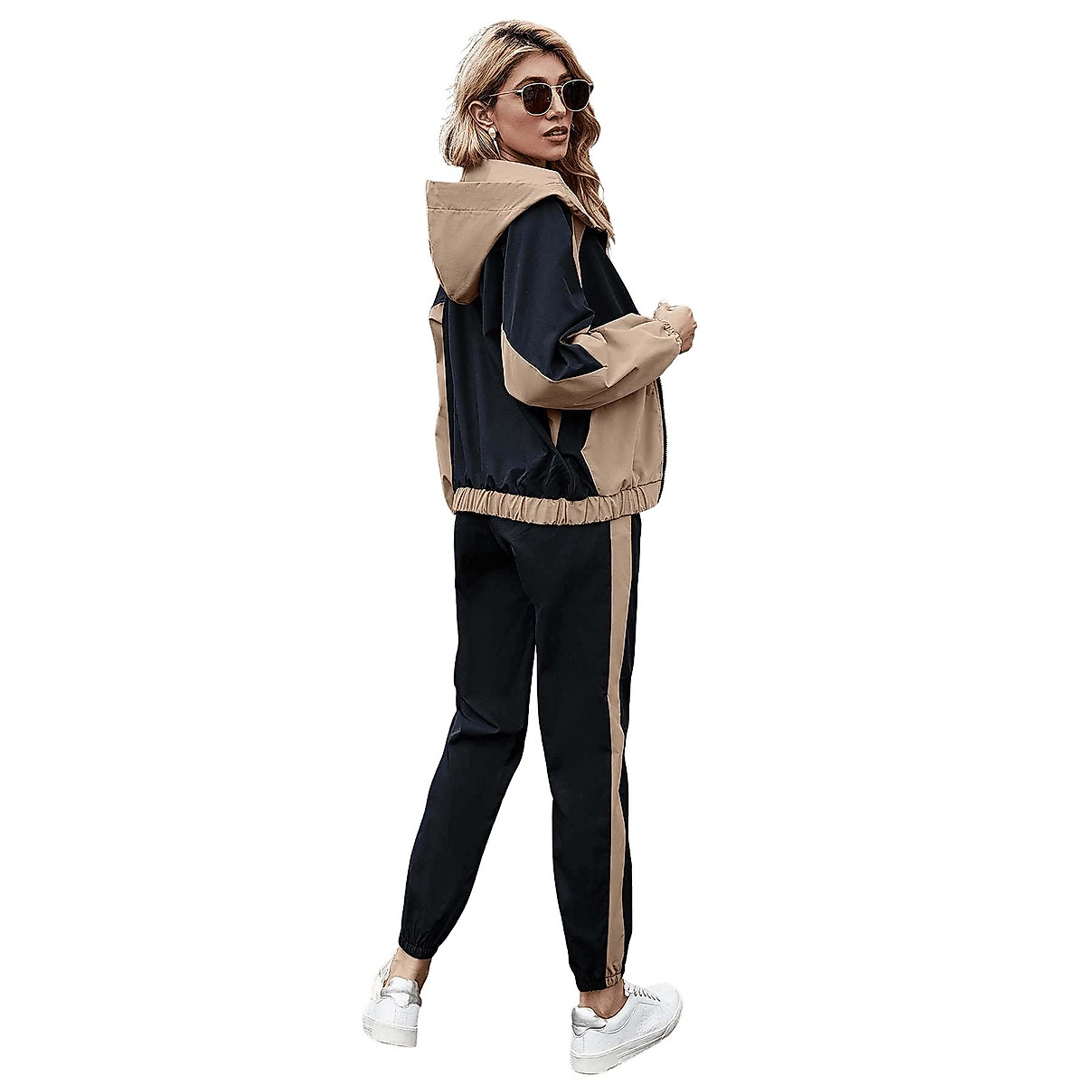 SweatyRocks Women's 2 Piece Outfits Long Sleeve Full Zip Jacket and Pants Tracksuit Set Khaki Black XL