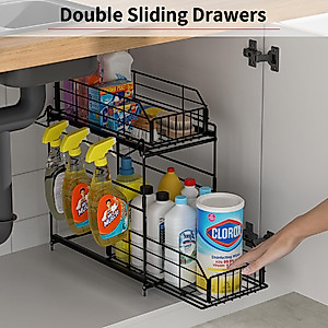 SUEH DESIGN Under Sink Organizers and Storage, 2 Tier Pull Out Cabinet Organizer Sliding Under Sink Storage Shelf with Hanging Rail for Kitchen Bathroom Cabinet Storage, 1 Pack
