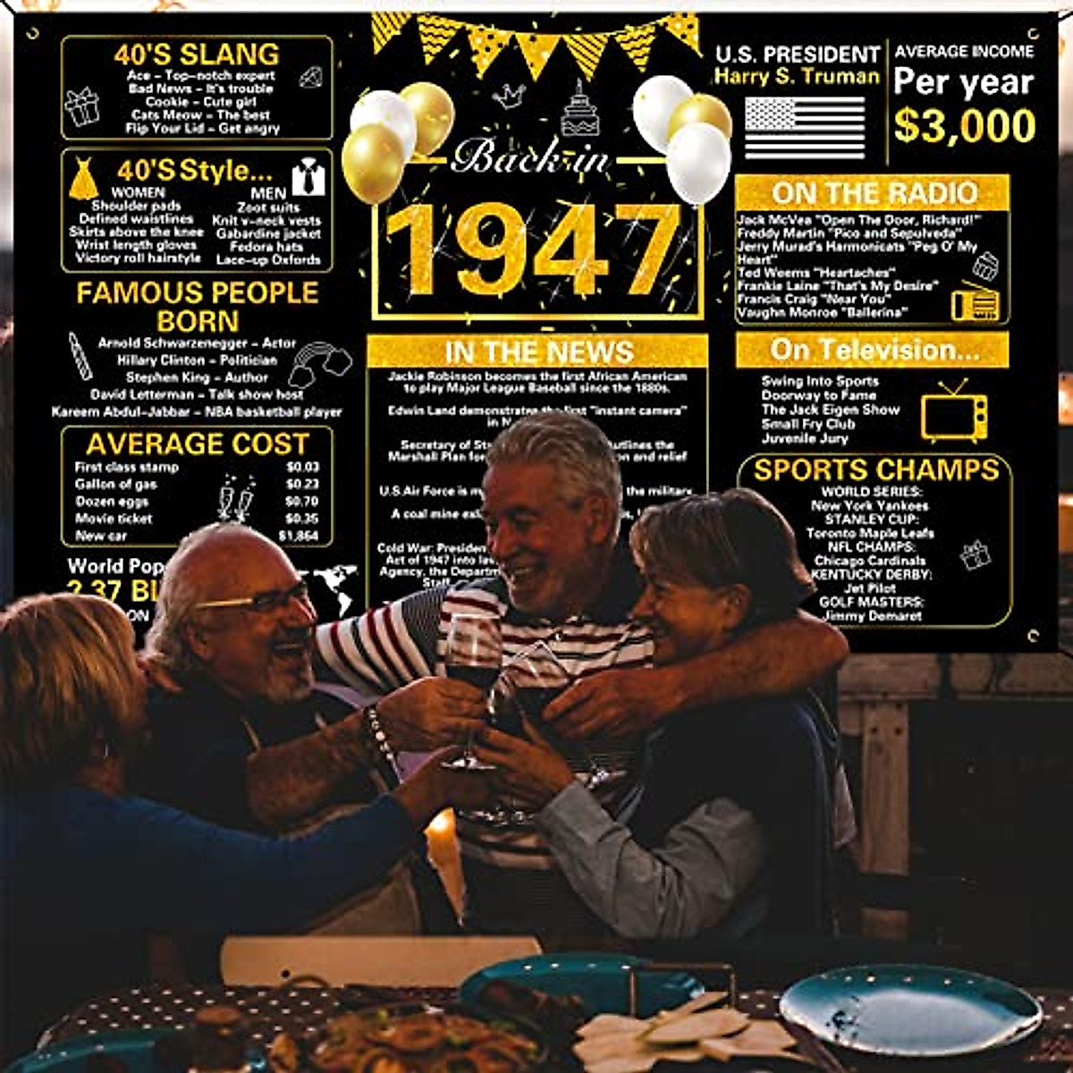 Crenics Black Gold 76th Birthday Decorations, Vintage Back in 1947 Birthday Backdrop Banner, Large 76 Years Old Birthday Anniversary Poster Photo Background Party Supplies for Women Men, 5.9 x 3.6 Ft