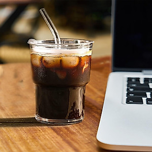 QINSLONY Iced Coffee Cup, 13oz Glass Tumbler with Lid and Glass Straw, Thick Wall Water Cup, Reusable Coffee Tumbler Sealed Carry on, Glass Coffee Mug with Leather Sleeve