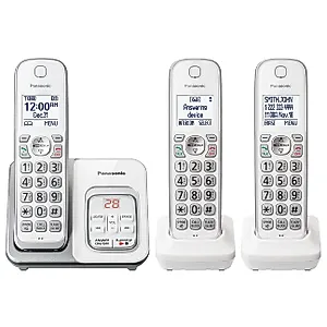 Panasonic Expandable Cordless Phone System with Answering Machine and Call Block - 3 Cordless Handsets - KX-TGD633W (White/Silver)