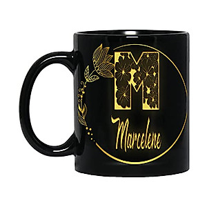 Coffee Mug Personalized Marcelene Name & Initial Letter Monogram Floral Alphabet Mug Golden Flowers Custom Black Coffee Cup, Gift for Her Mom Coworker Sister, Wife, Girl 11oz Black Mug 208399
