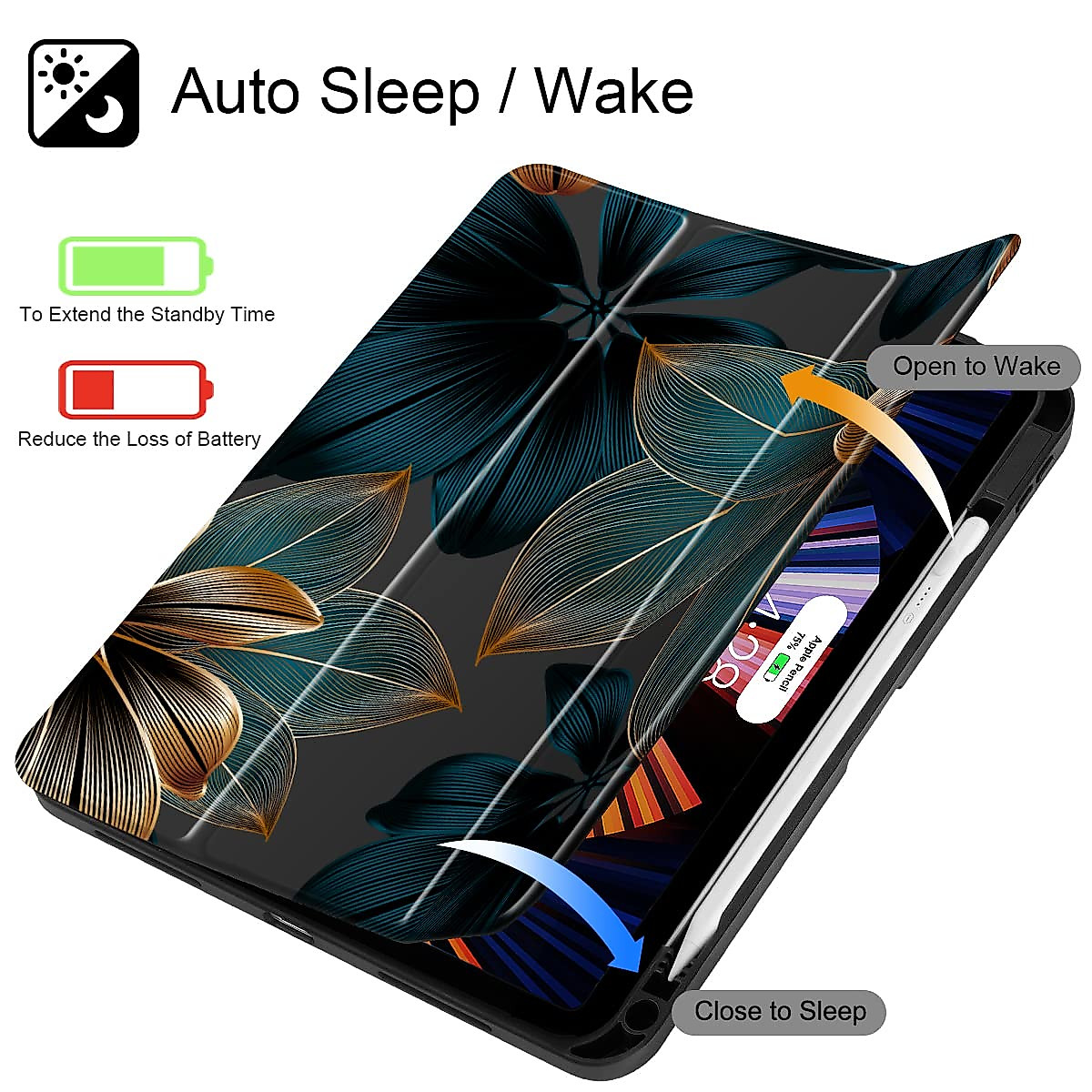 Lepeoac Designed for iPad 10th Generation Case 2022 iPad 10.9 Inch Case A2696 A2757 A2777 with Transparent Shockproof Back Cover [Built-in Pencil Holder], Trifold Stand Auto Sleep/Wake, Luxury Leaves