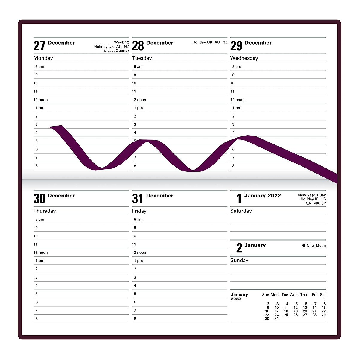 LETTS Classic Weekly/Monthly Planner, 12 Months, January to December, 2022, Week-to-View with Appointments, Gold Corners, Horizontal, 6.625" x 3.25", Burgundy (C32SBY-22)