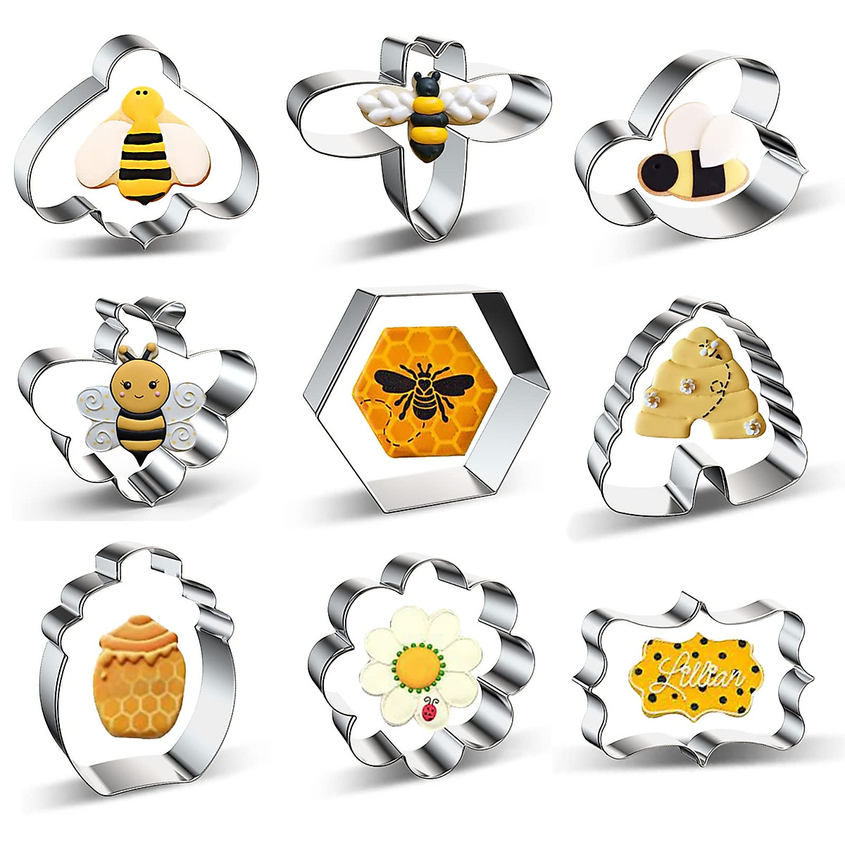 Bee Cookie Cutter Set of 9 with Cute Bee Beehive Flower Honeycomb Hexagon Honey Jar Pot Plaque Frame Cookie Cutters Shapes Fondant Molds for Honey Bee Party - Stainless Steel