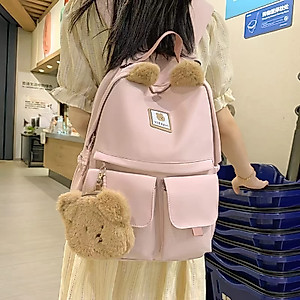 LaurelTree Kawaii Aesthetic Cute Backpack with Accessories 14 In Laptop Rucksack Travel Bag School Students Suppliers Girls (Pink)