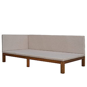 Upholstered Daybed/Sofa Bed Frame/Wood Floor Bed with Linen Cover Mattress/Futon Sleeper Beds, Twin Size, Beige
