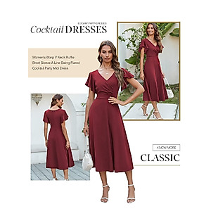 Dokotoo Women's V Neck Elegant Party Dress Short Sleeve Skater Dress Formal Wedding Guest Dresses Dresses for Women 2024 Red 2XL
