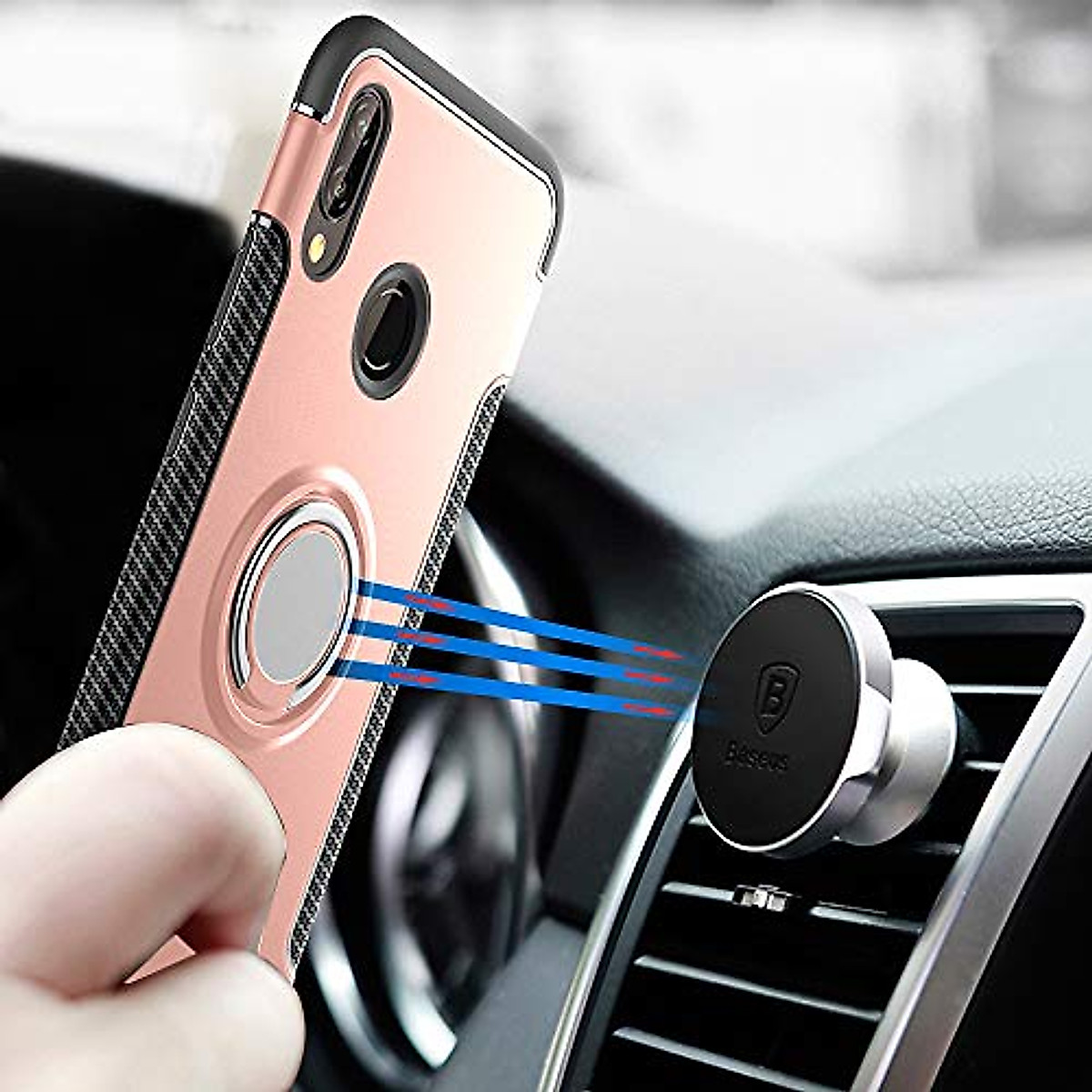 Phone Case for Huawei P20 Lite with Tempered Glass Screen Protector Cover and Magnetic Stand Ring Holder Slim Hybrid Hard Cell Accessories Kickstand Huwai P20lite P 20 Haweii Nova 3E Cases Rose Gold