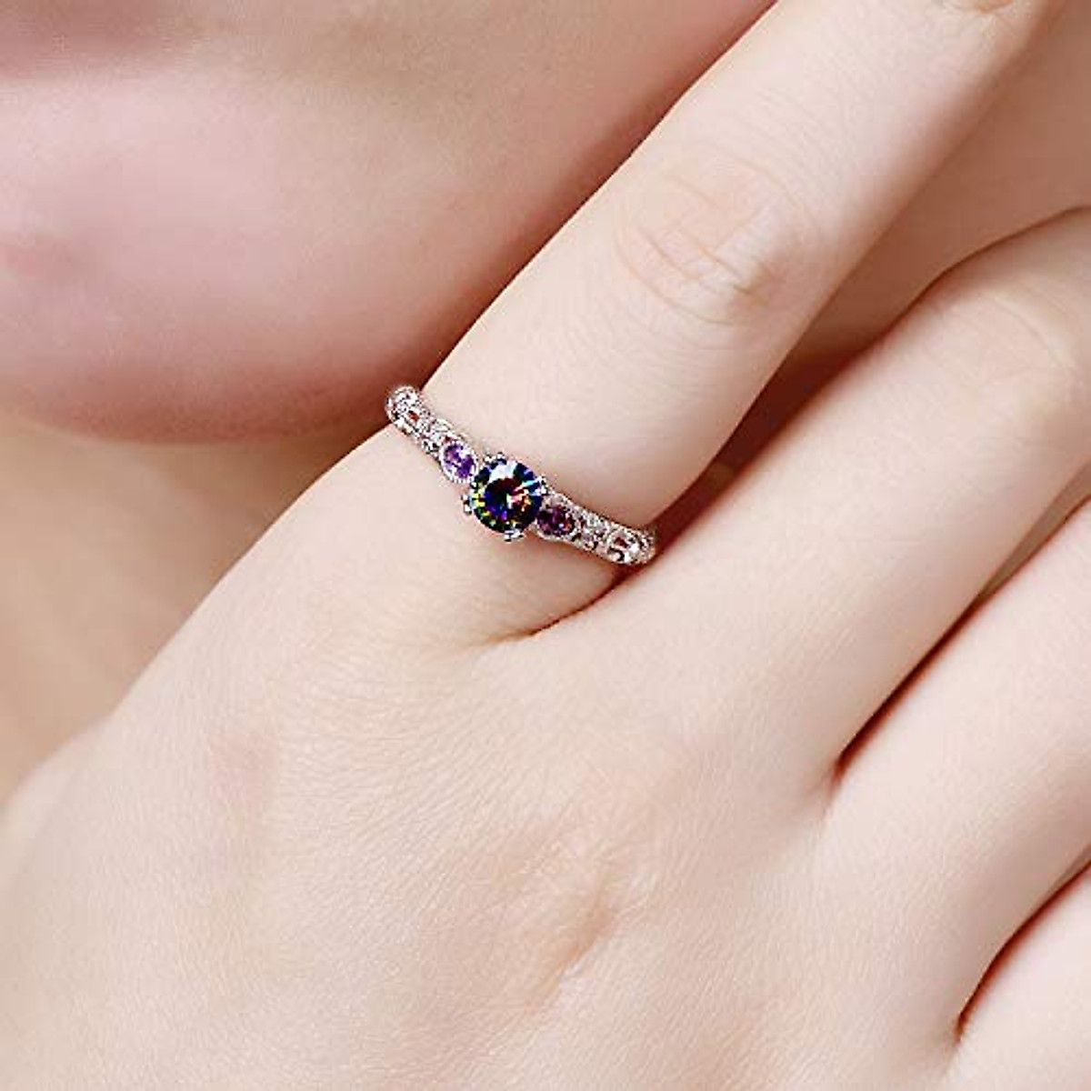 Pakula Women Silver Tone Simulated Rainbow Topaz Stacking Gemstone Finger Ring Fashion Jewelry Gift Wife Party Band