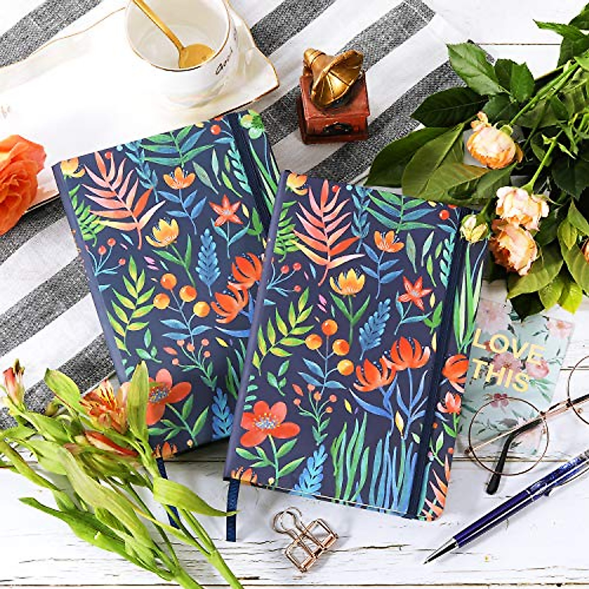 Lemome Home Journal/Ruled Notebook - Hardcover Ruled Journal with Premium Thick Paper, 5.8" x 8.4", Back Pocket + Bookmark + Round Corner Paper + Banded - Navy Floral