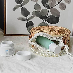 Mokyler Pearl Rattan Handbag Beach Rattan Bag, Cute Handwoven Straw Pearl Handle Brown Basket Wedding Flower Girl Baskets White Polyester Insert Portable Storage Basket for Party Decor, 5.9x5.9 inch