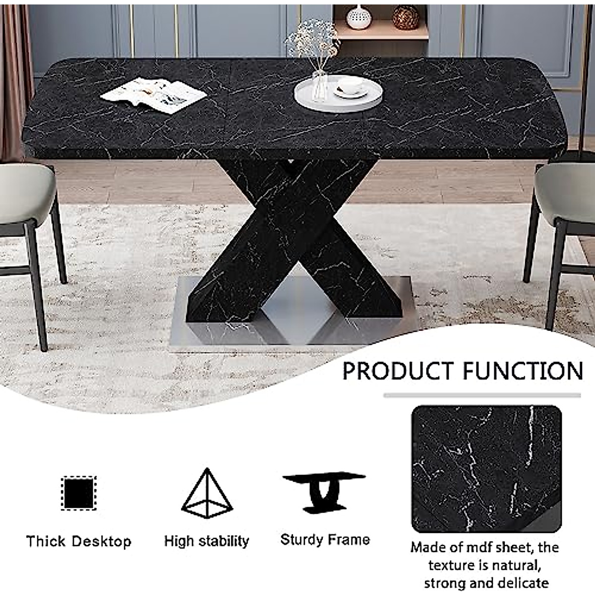 HomVent Expandable Dining Table with Wooden Top Faux Marble Dining Room Table for 4-6 People,Expandable 47.24”-62.99" Dining Room Table Black Marble Grain Kitchen Table for Small Space,Apartment