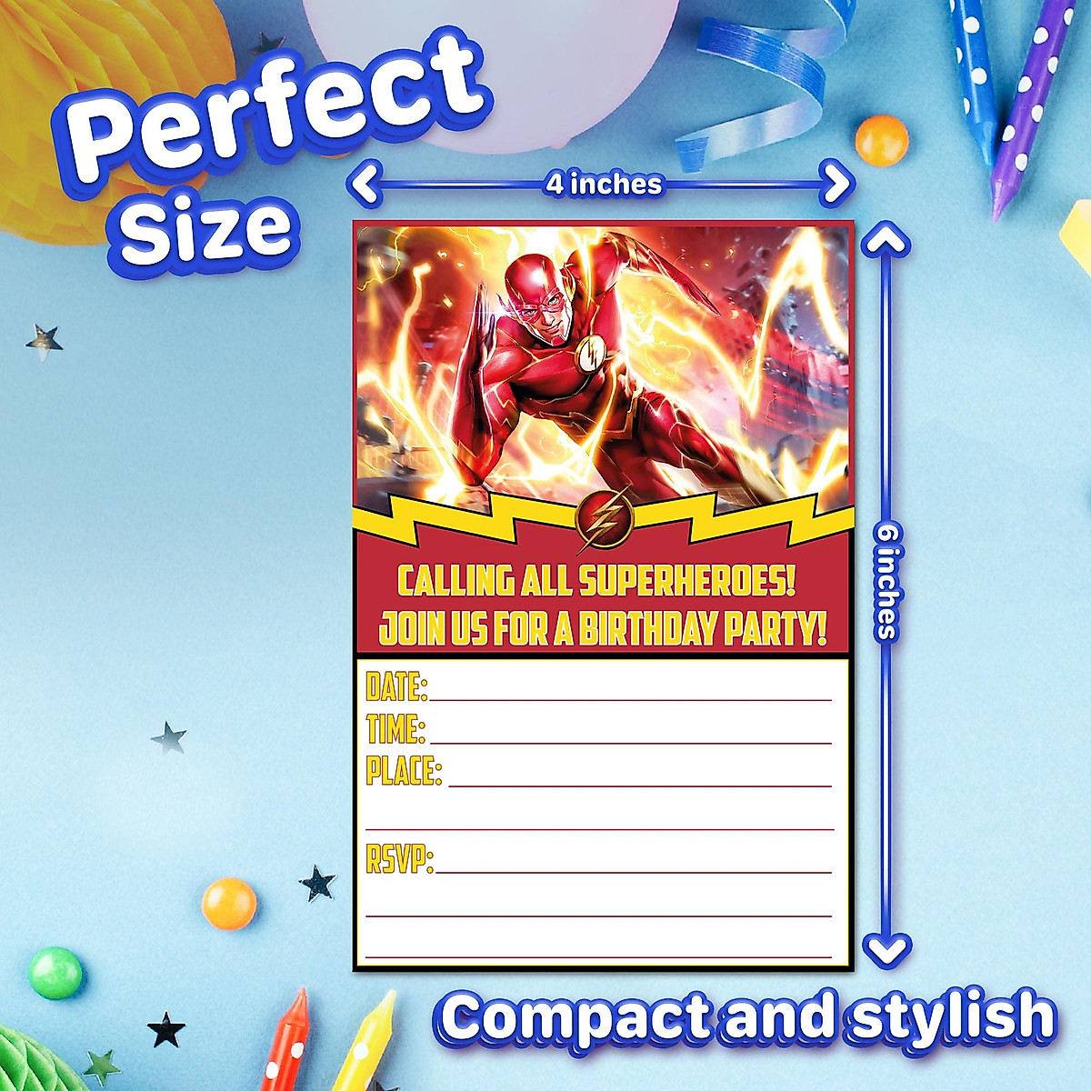 Flash Invitation Cards and Envelopes – 20 Fill-in Invites for Kids Birthday Bash and Theme Party, 10X15 cm, Postcard Style