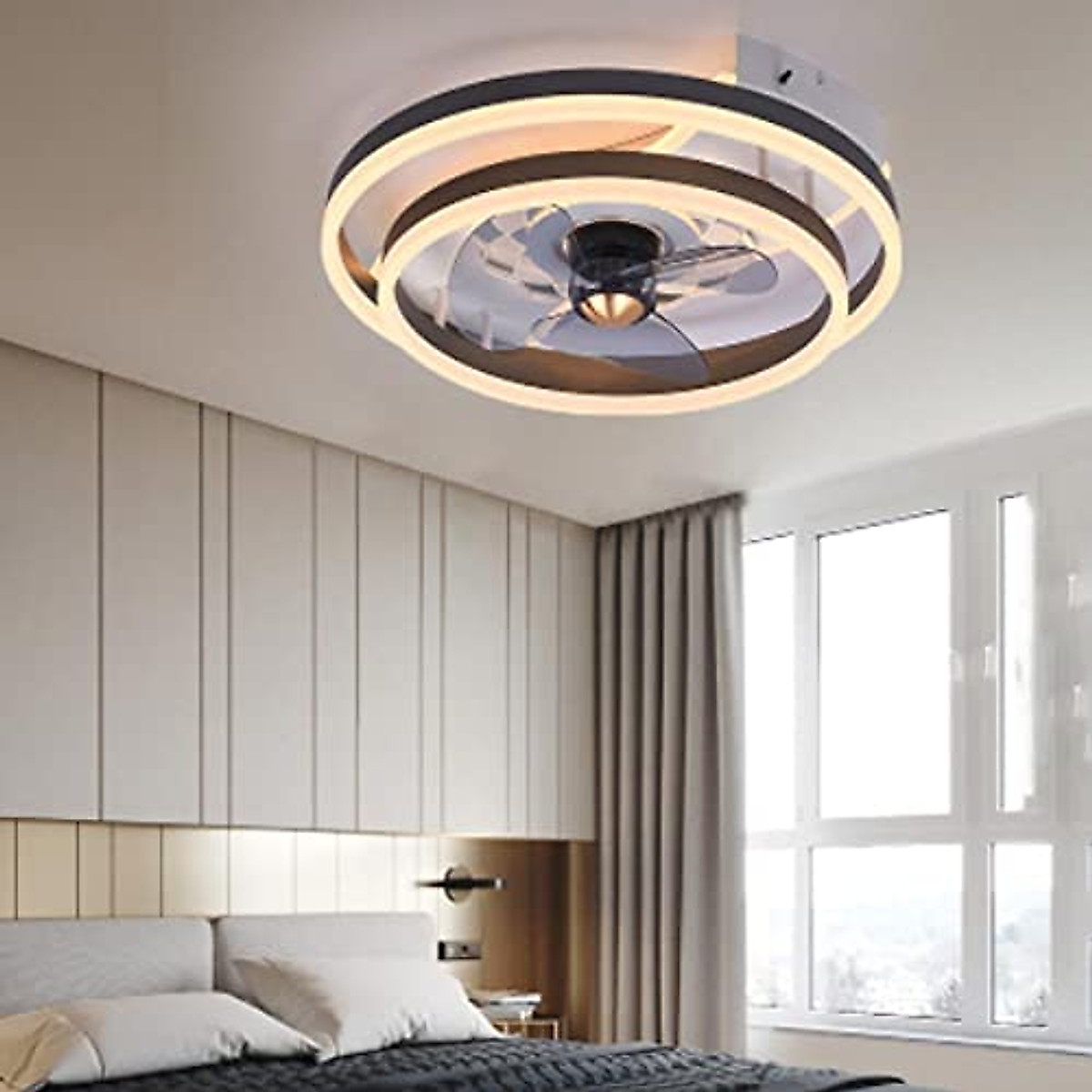 Modern Flush Mount Ceiling Fans Lights, 6 Speeds Timing Reversible Blades Modern Ceiling Fans, with 3 Color Dimmable Classic Ceiling Fans Lighting Fixture, for Small Room, Bedroom, Living Room ( Color