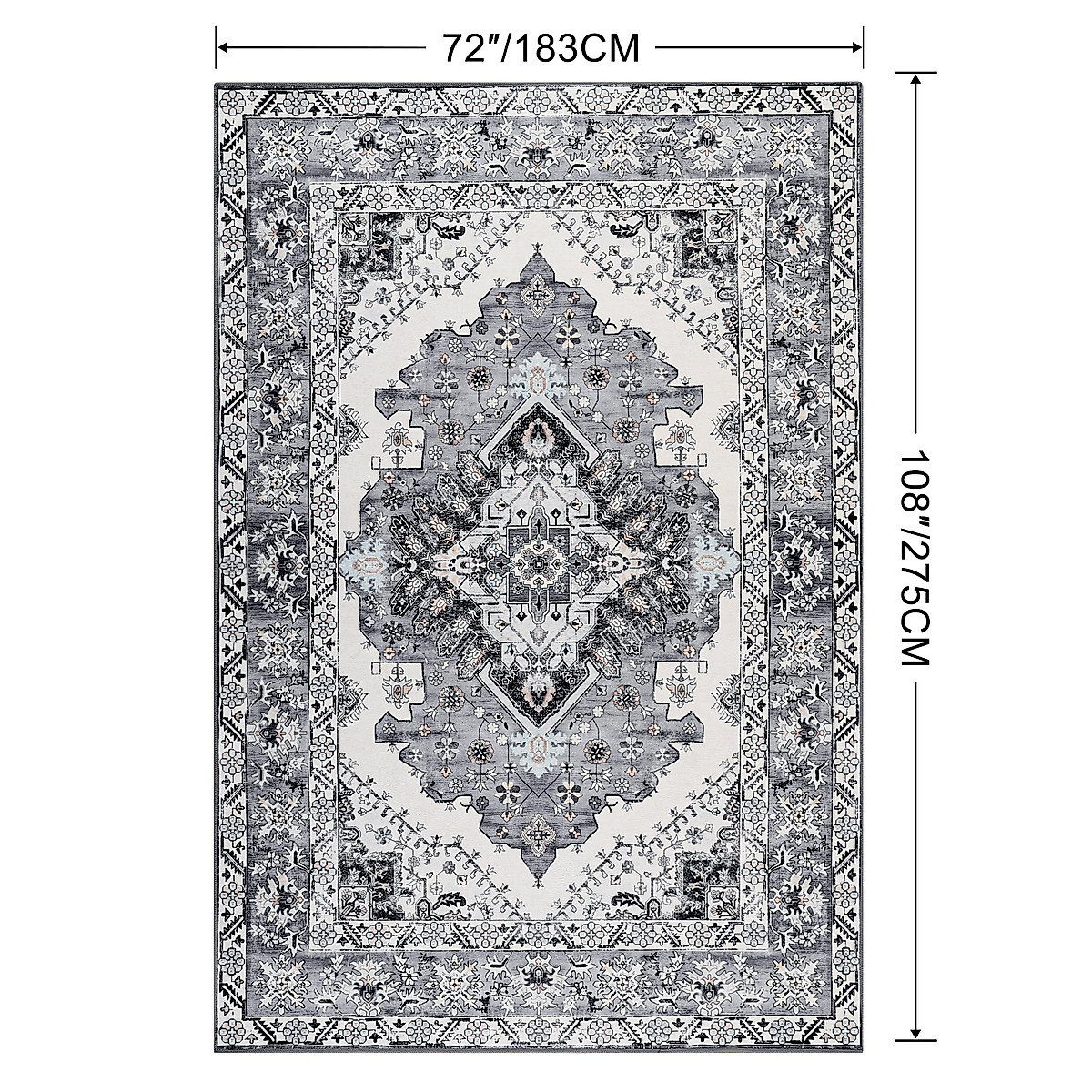 Noahas Grey 6x9 Area Rugs for Living Room, Vintage Machine Washable Rug,Low Pile Print Large Living Room Rug