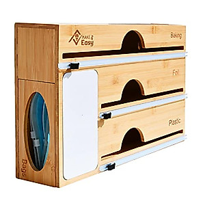 Make It Easy, Plastic Wrap Dispenser - 5 In 1 Wrap Organizer with Blackboard & Side Bag Dispenser - Foil & Wax Dispenser for Kitchen Storage Drawer - 4 Slot