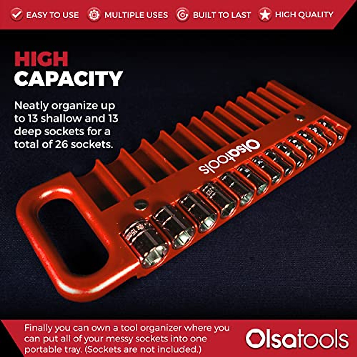 Magnetic Portable Socket Organizer Tray | 1/4-inch Drive | Red | for Deep & Shallow Sockets | Holds sockets up to 5/8" or 14 mm | Professional Quality Tool Organizer | by Olsa Tools