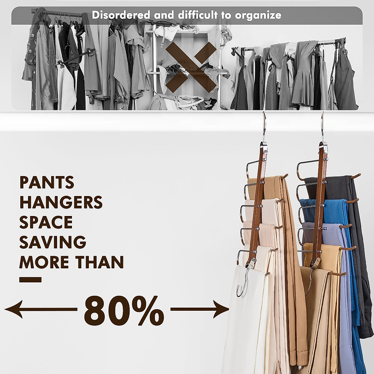 HOUSE DAY Pants Hangers Space Saving, Wood Jean Hangers for Closet, Non Slip Multi functional Pants Rack Hanger Multiuse Pant Organizer For Closet Space Saving Hangers for Pants, Scarfs (2PACK,Walnut)