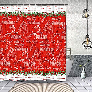 Alishomtll 4 Pcs Merry Christmas Shower Curtain Sets with Non-Slip Rugs, Toilet Lid Cover and Bath Mat, Christmas Tree Shower Curtain with 12 Hooks, Red Shower Curtain for Bathroom Decoration