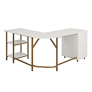 Techni Mobili L Shaped Desk - Two-Toned Computer Desk with Drawers & Storage Shelves - Simple Modern Furniture & Home Office Space Corner Table for Work & Writing