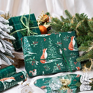 LeZakaa Christmas Green Wrapping Paper Roll - Mini Roll - Fox, Squirrel, Reindeer & Chrismas Tree, Green Plaid for Christmas Holiday Party - 17 x 120 inches - 3 Rolls (42.5 sq.ft.ttl.)