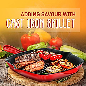 NutriChef Nonstick Cast Iron Grill Pan - 11-Inch Kitchen Square Cast Iron Skillet Grilling Pan, Enameled Cast Iron Skillet Steak Pan w/ Side Drip Spout For Electric Stovetop, Induction, Gas -