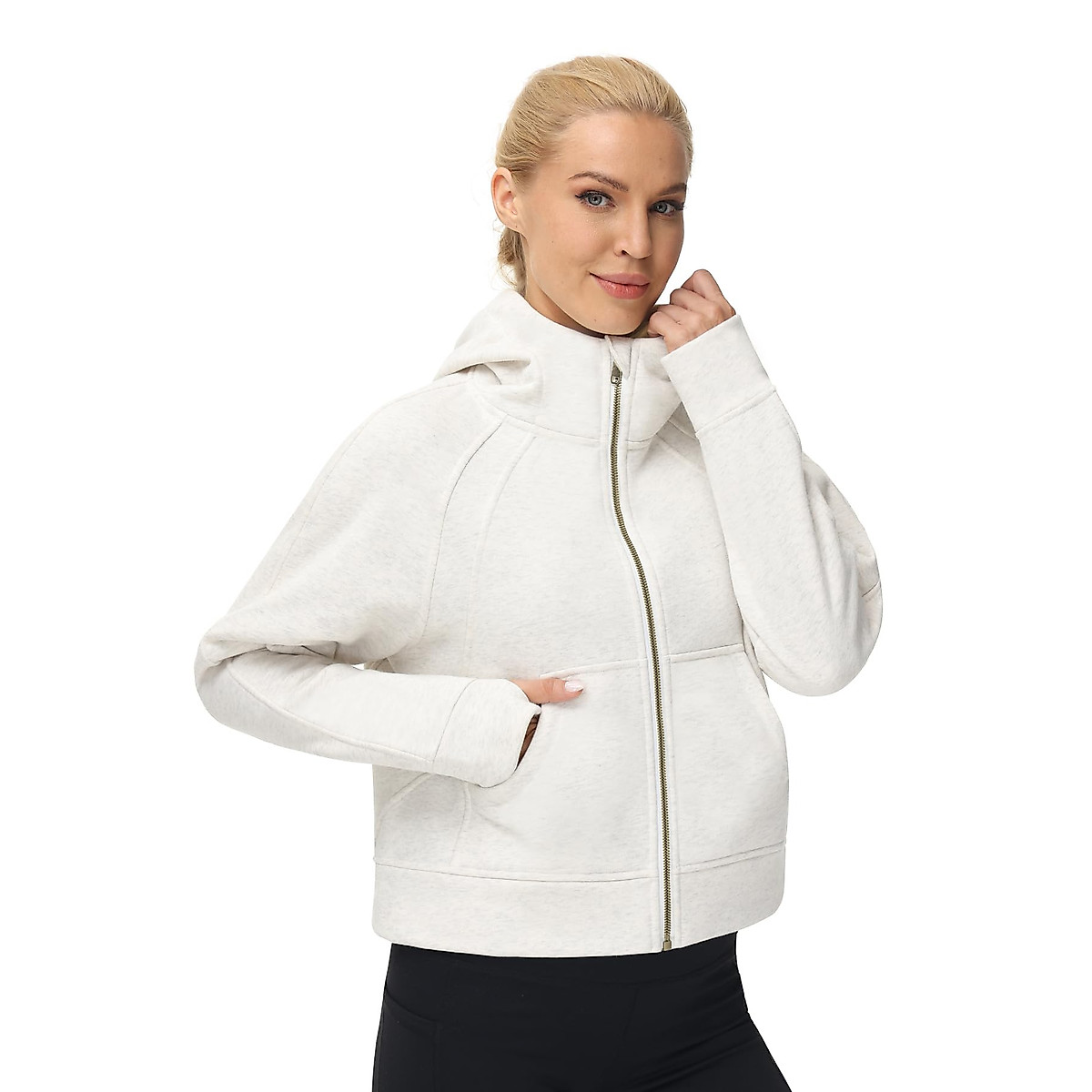 THE GYM PEOPLE Women's Full-Zip Up Hoodies Jacket Fleece Workout Crop Tops Sweatshirts with Pockets Thumb Hole Off-white