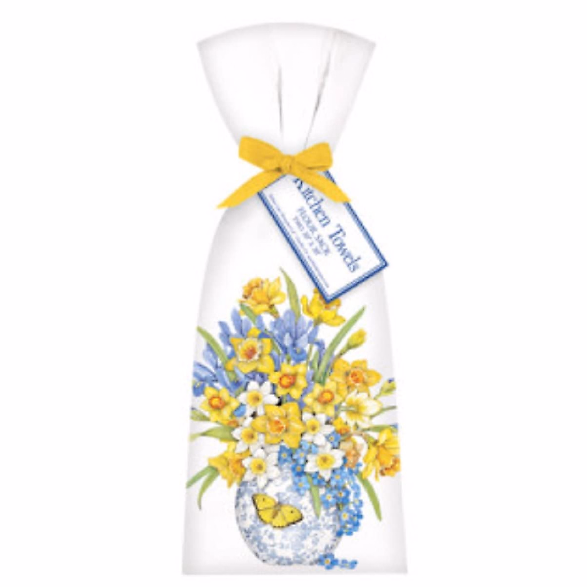 Mary Lake Thompson T774 2 Daffodil Vase Ribbon Tied Flour Sack Towels 30 Inches Square, Screen Print Design in Lower Center Only