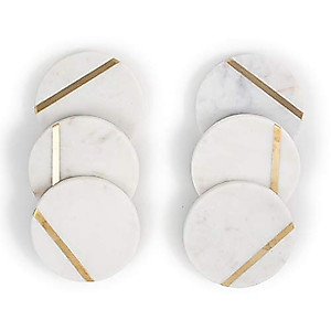 Cork & Mill Marble Coasters for Drinks - Set of 6 Handcrafted Modern Coasters - 4" Wide Drink Coasters - White Marble Coasters with Gold Brass Inlay - Made from Real Solid Marble