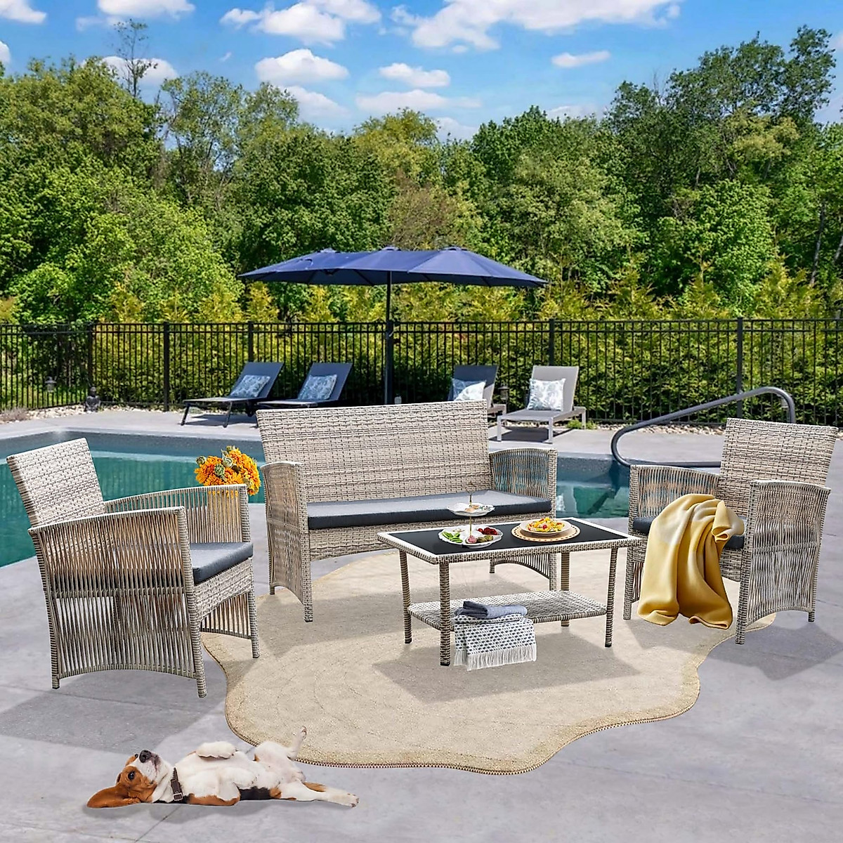 FULLJOJOR 4 Piece Patio Furniture Set, Rattan Chairs with Coffee Table, Wicker Loveseat Outdoor Furniture, Small Patio Conversation Sets for Balcony Porch Garden Pool, Beige/Gray