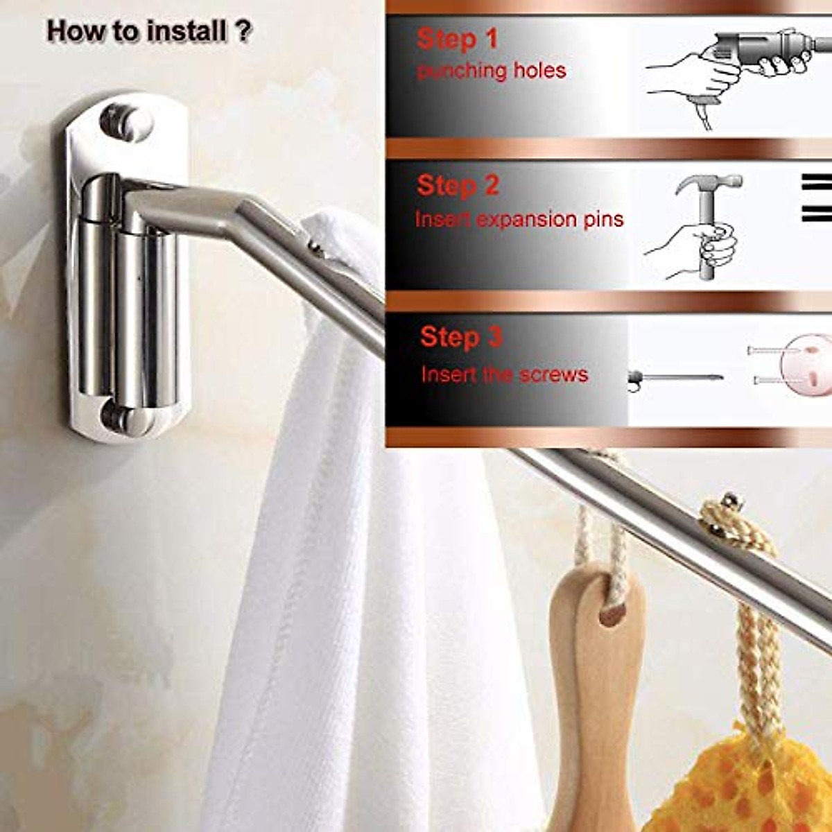 Adromy Folding Wall Mounted Clothes Hanger, Stainless Steel Clothes Holder Swing Arm Closet Drying Rack Clothing Hanging System Heavy Duty Closet Storage Organizer - Silver