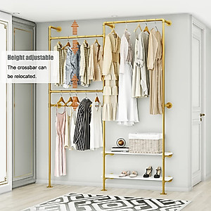 KaKaBB Gold Pipe Clothing Rack, Clothes Rack for Wardrobe, Bedroom and as walk-in Closet System, Double Hanging Rods Clothes Rack with Shelves,Heavy Duty Clothes Rack Wall Mounted(Gold)