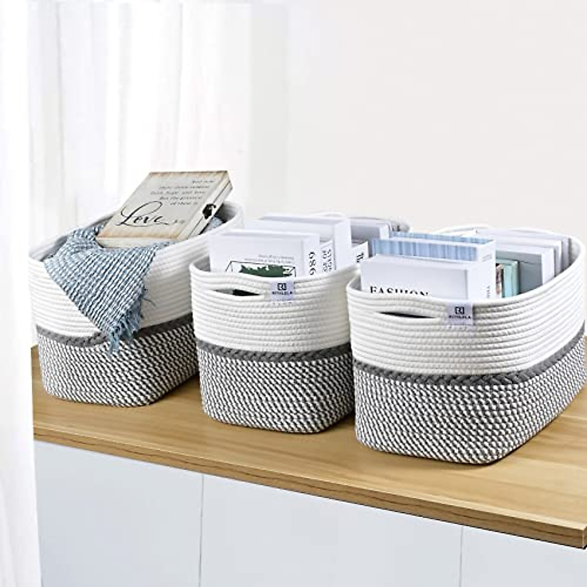 RITHLELA Woven Baskets 15"x10"x9" Cotton Rope Cube Storage Baskets Set of 3 Decorative Baskets Closet Cloth Storage Baskets and Bins for Shelves with Handles for Blanket, Laundry, Clothes - Grey