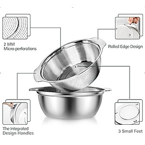 304 Stainless Steel Colander With Handle, 2-Quart Micro-Perforated Strainer Colander Set with Mixing Bowl, BPA Free, Great for Draining Cooked Pasta, Noodles,Washing Vegetables, Fruits(2PC)