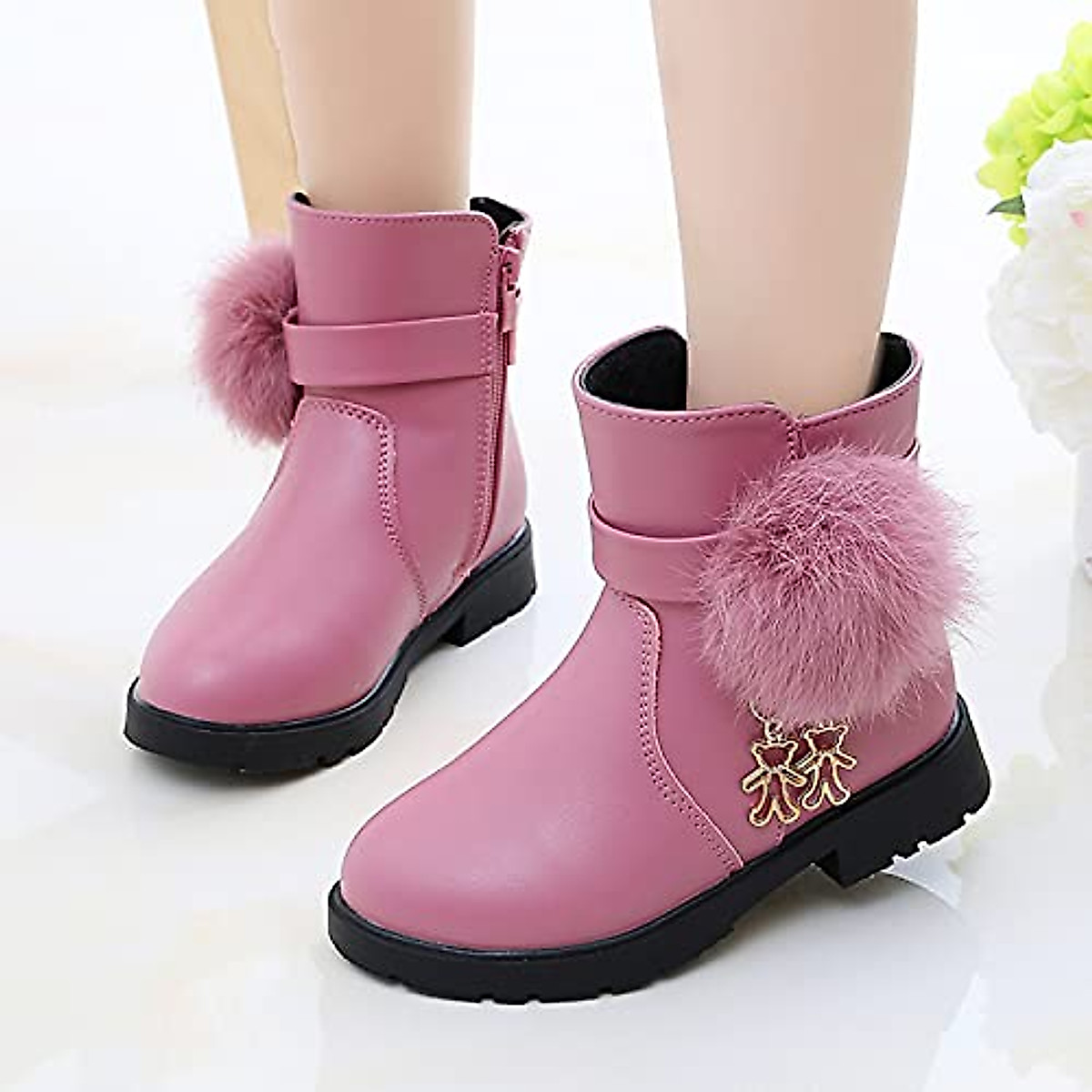 Lykmera Baby Girls Princess Shoes Bowkont Cotton Boots Snow Boots Leather Shoes Princess Ankle Boots Shoes for Baby Girl (Pink, 12-12.5 Years Big Kids)