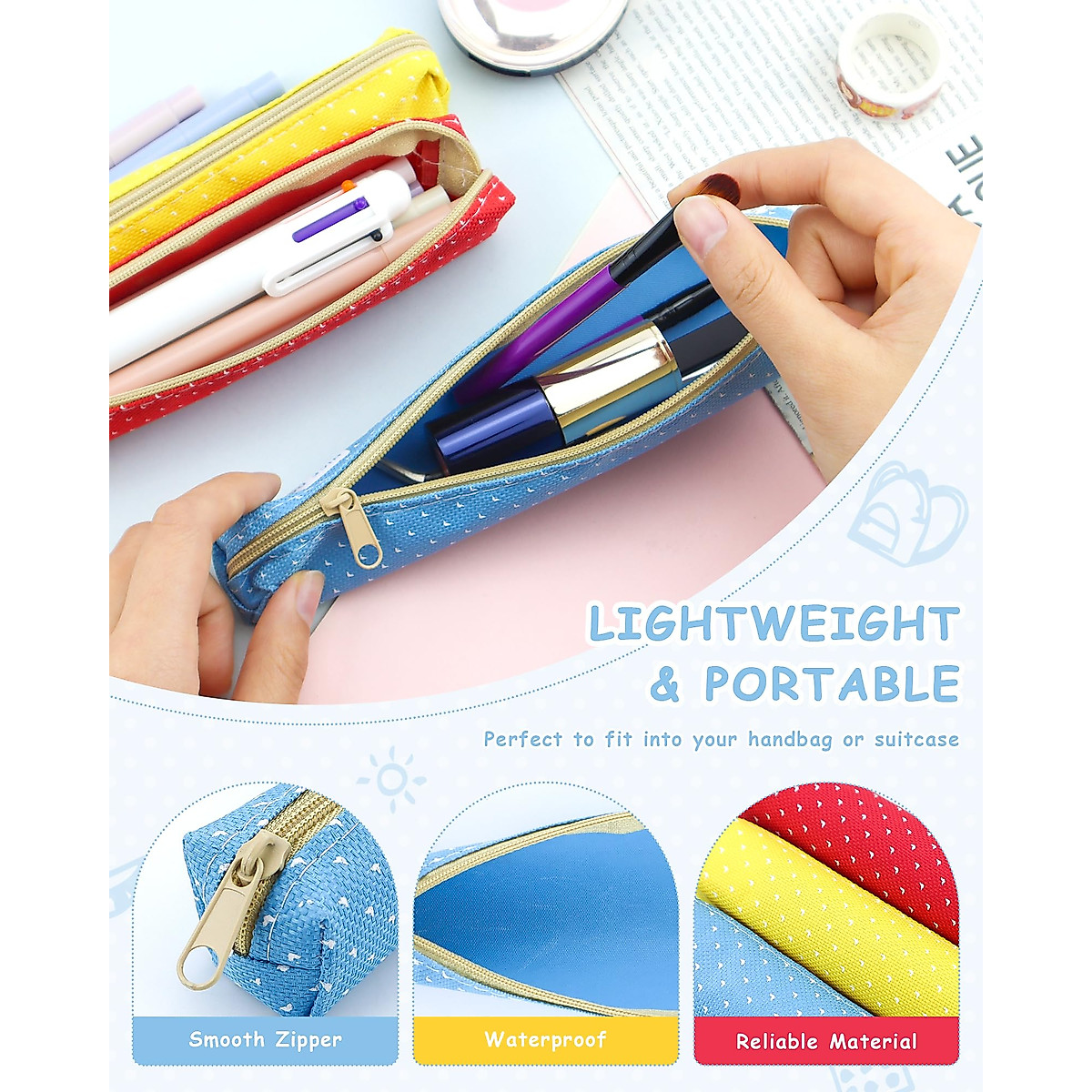 YETOOME 3 Pieces Slim Pencil Case, Colored Pencil Pouch Cosmetic Bag Office Stationery Organizer with Zipper for Adult (Red, Yellow, Blue)