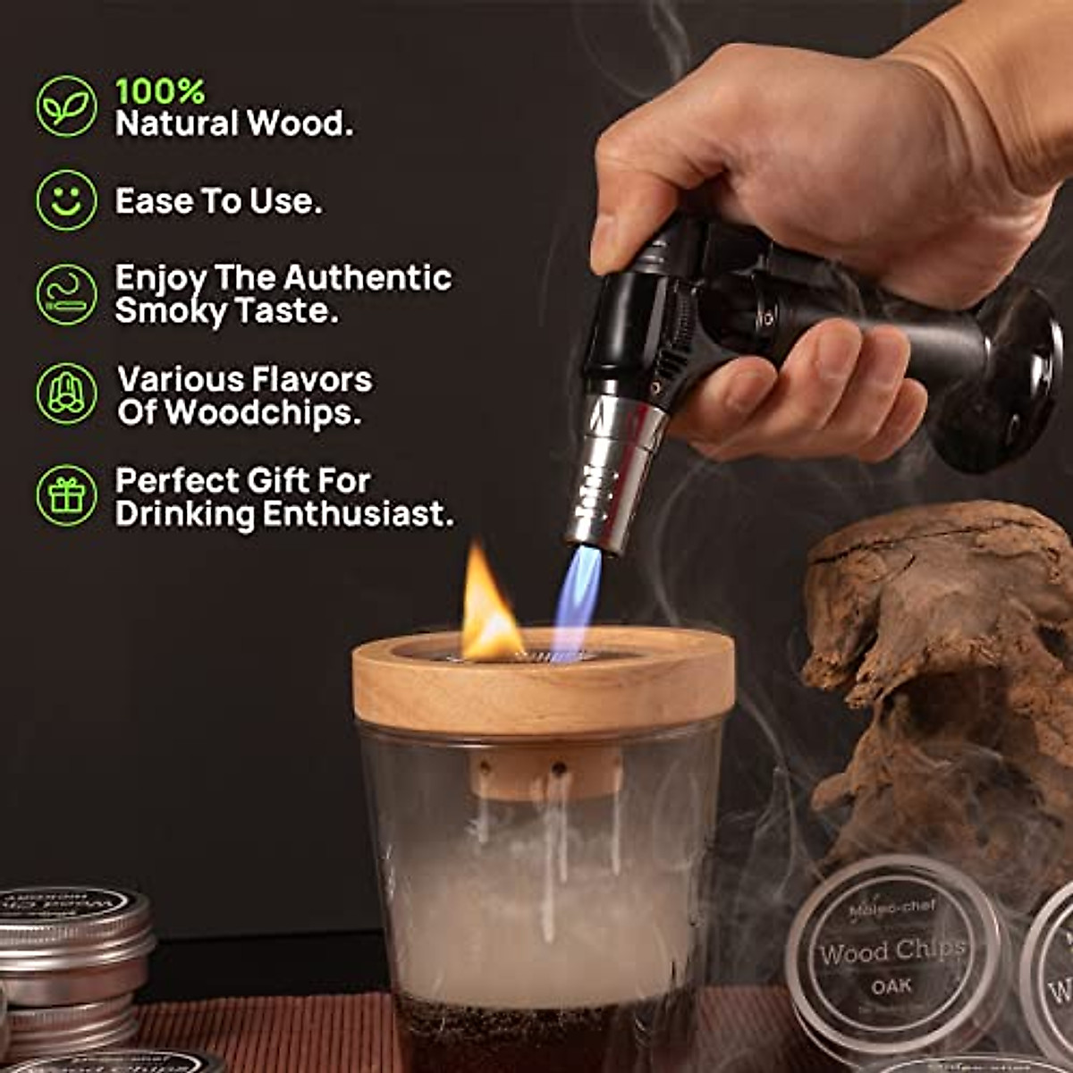 Cocktail Smoker Kit with Torch,8 Kinds of Wood Chips,Old Fashioned Cocktail Drink Smoke Kit,Bourbon,Whiskey Smoker Infuser Kit,Birthday&Father Day Bourbon Whiskey Gift for Men,Dad,Husband (No Butane)