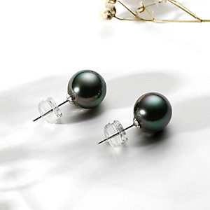 DENGGUANG 18K Gold Natural Round Cultured Black Pearl Stud Earrings for Women, 8-9mm High Luster Tahitian South Sea Cultured Pearl Earrings - White Gold