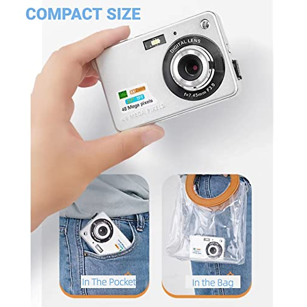 Digital Camera for Teens, 4K 48MP Ultra HD Point and Shoot Camera, 2.7in LCD Rechargeable Students Compact Camera with 8X Digital Zoom, Mini Vlogging Cameras Gift for Kids Beginner (Silver)