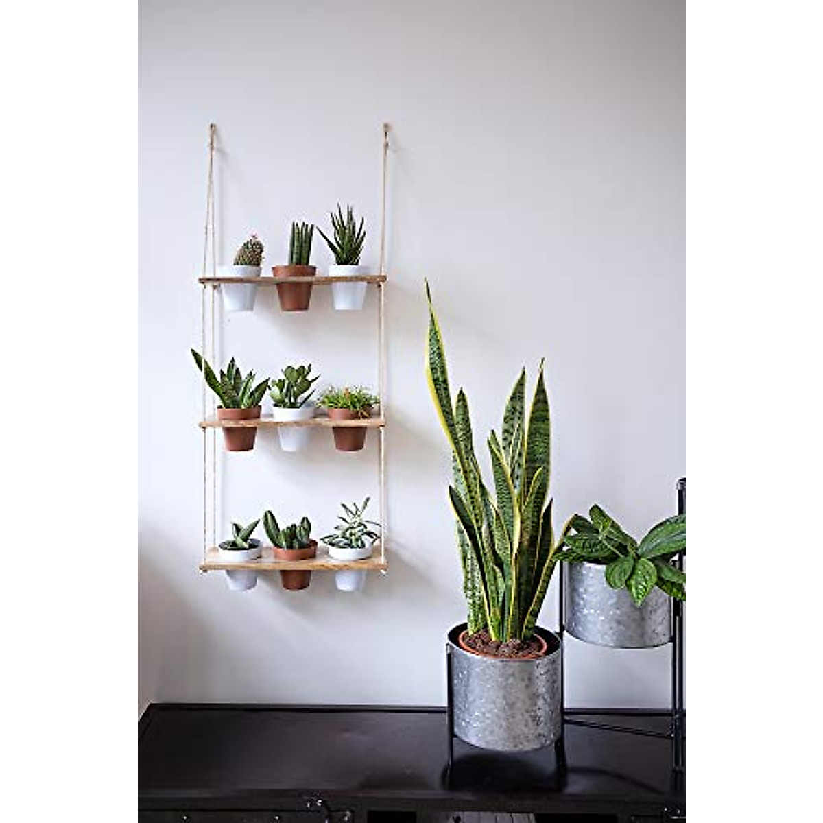 kimisty Wall Hanging Herb Planters, 3 Tiered Vertical Planter Shelf with Metal Pot Set, Indoor Garden, Wood Herb Garden for Kitchen, Vertical Hanging Planters Wall Hanging - Terracotta & White Pots